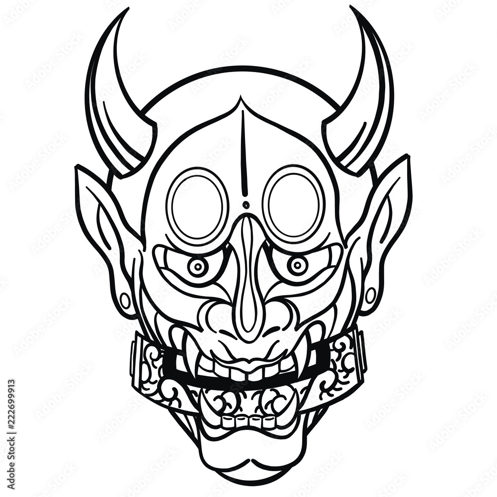 hand drawn vector illustration of a Japanese mask in black and white ...