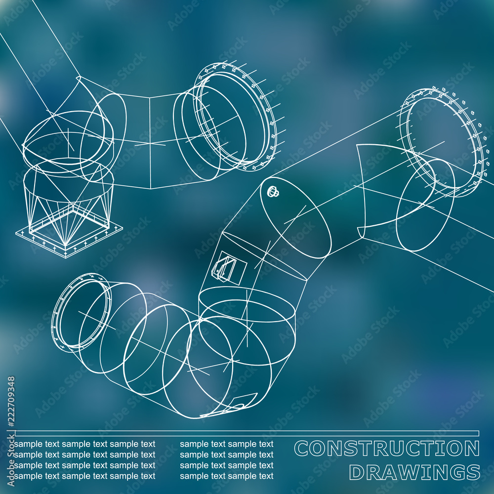 Blue. Drawings of steel structures. Pipes and pipe. 3d blueprint of ...