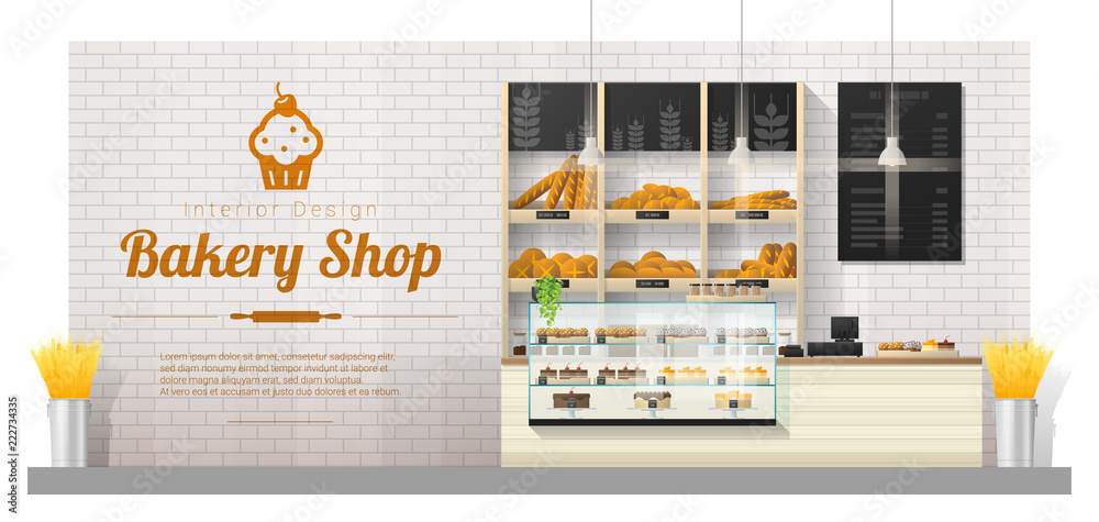 Interior background with modern bakery shop display counter , vector ...
