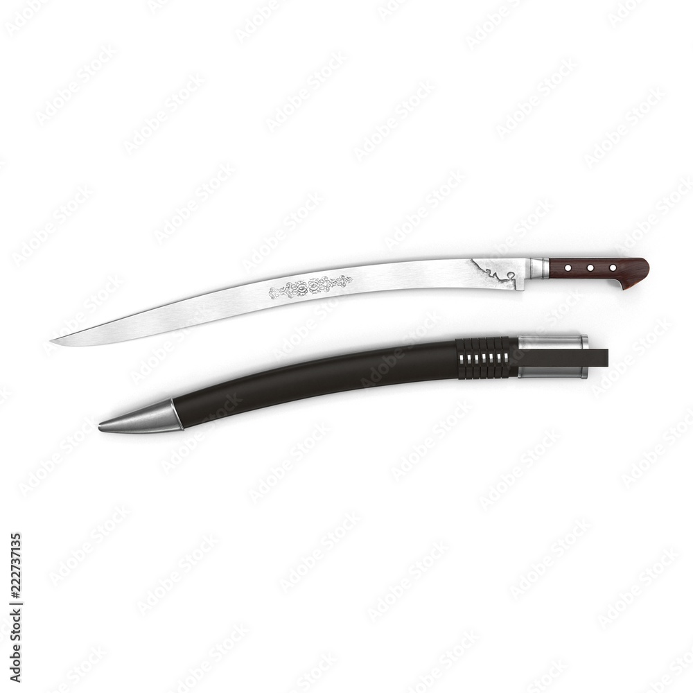 Turkish Yatagan Sword with Sheath on white. Top view. 3D illustration ...
