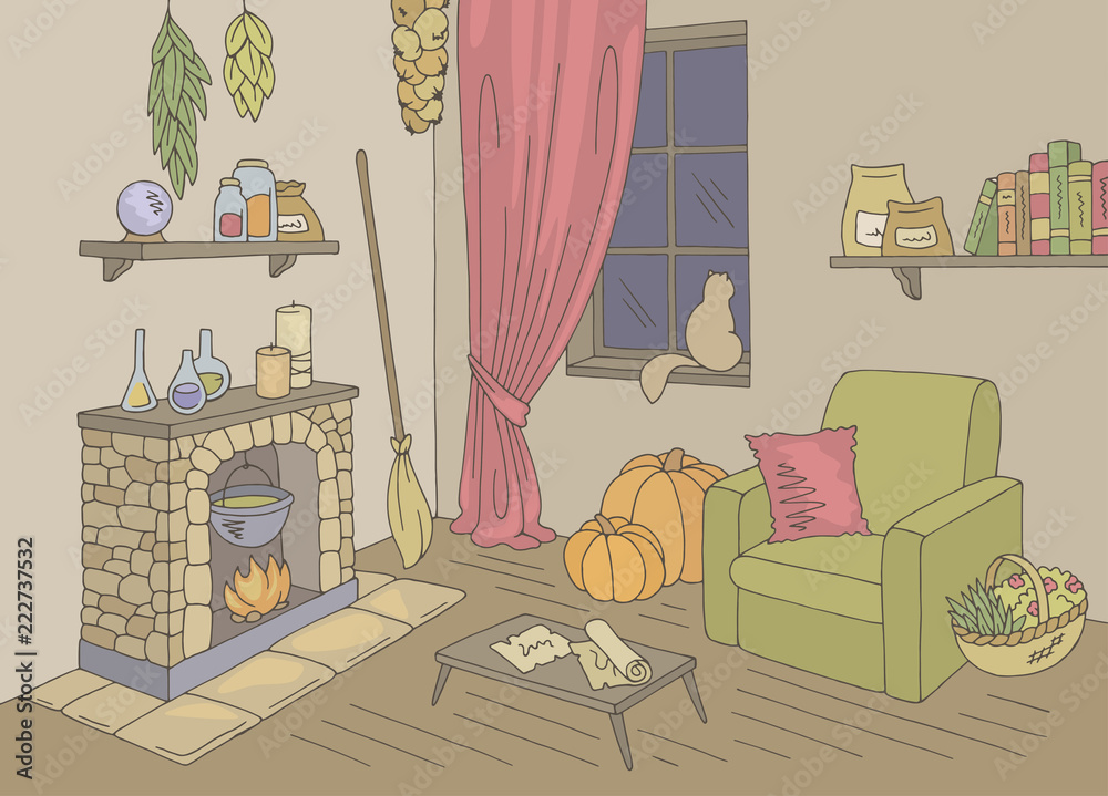 Witch living room graphic color home interior sketch illustration ...