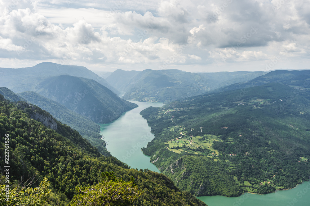 View from Banjska Stena on Drina river, mountains, dam and border with ...