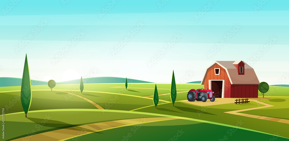 Colorful countryside landscape with a barn and tractor on the hill ...