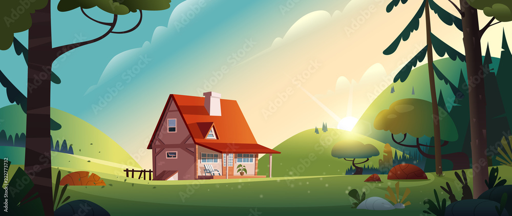 Country house in the forest. Farm in the countryside. Cottage among ...