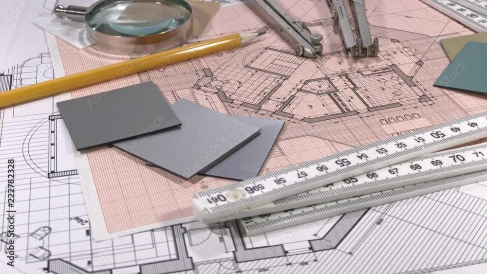 Blueprints: architectural drawings, yardstick - folding ruler & samples ...