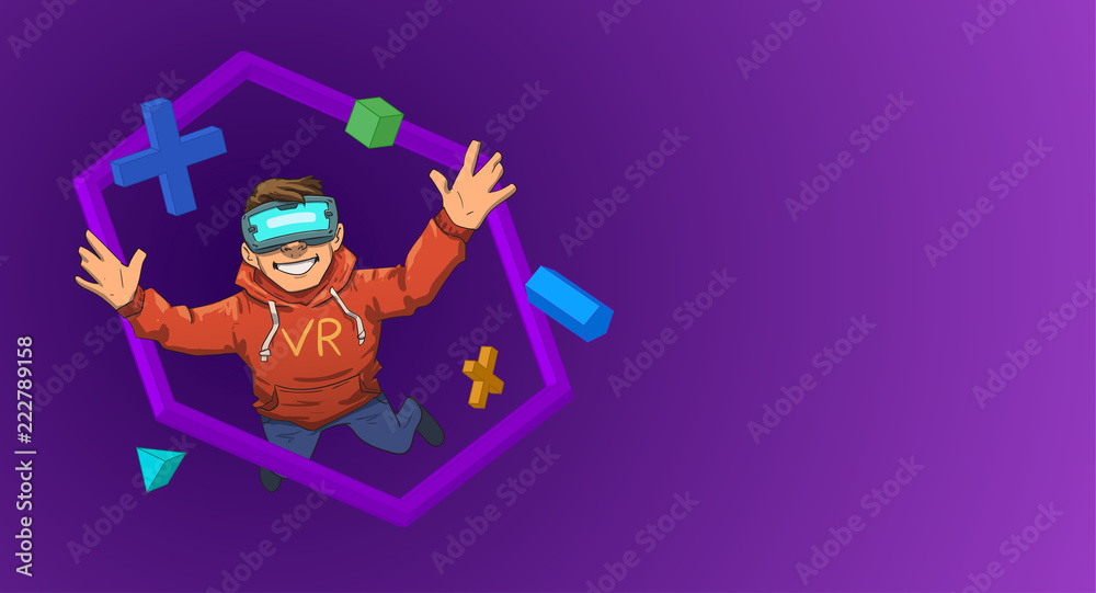 Young guy in VR headset flying among 3D objects on black background ...