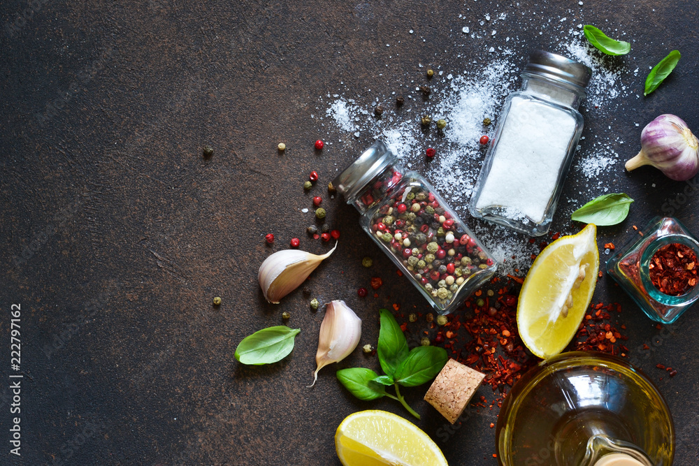 Food background - spices.A set of spices: chili, paprika, garlic, salt ...