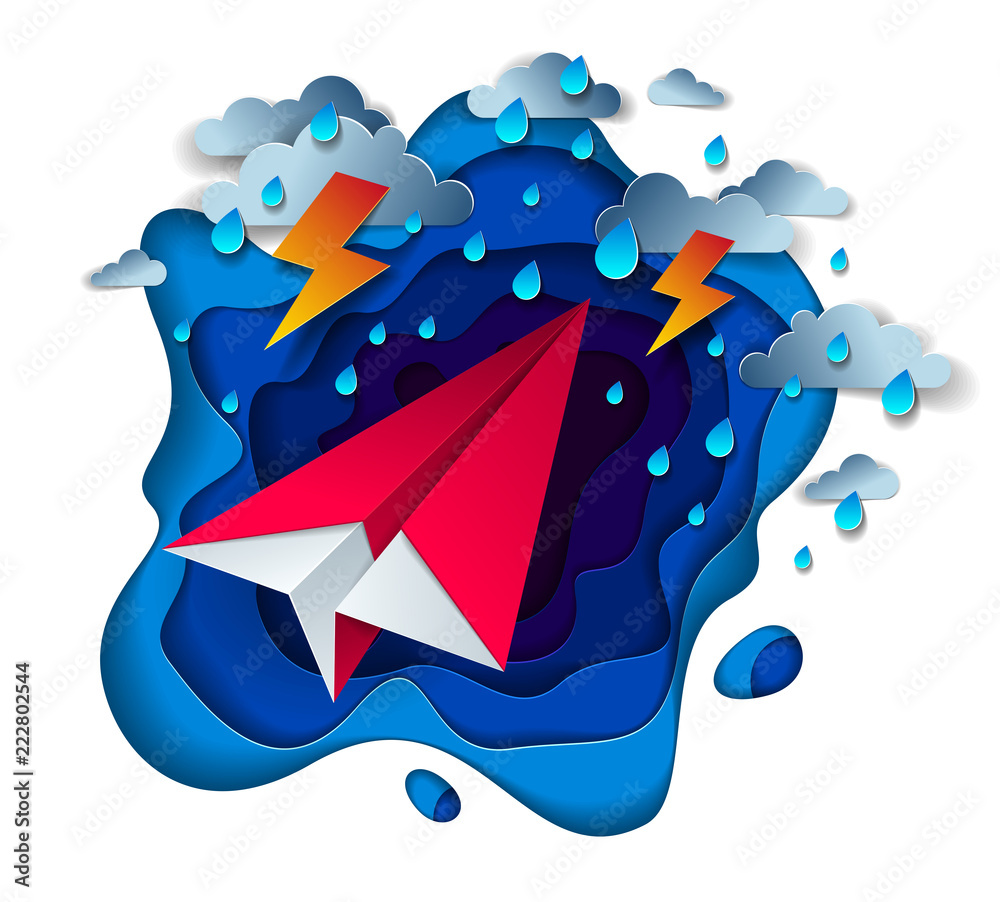 Origami paper plane toy flying in thunderstorm with lightning, dramatic ...
