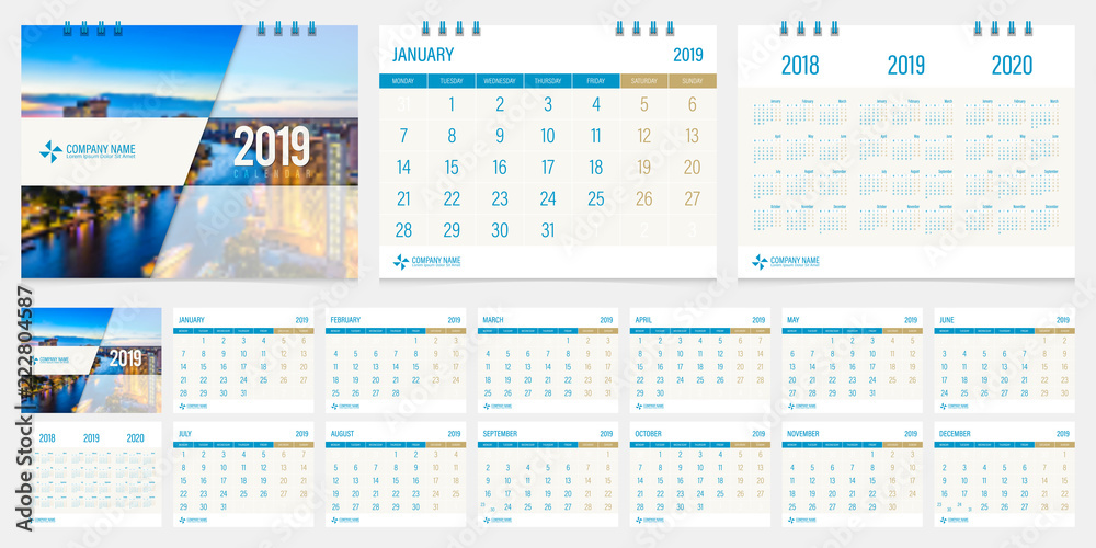 2019 calendar week start Monday corporate business luxury design layout ...