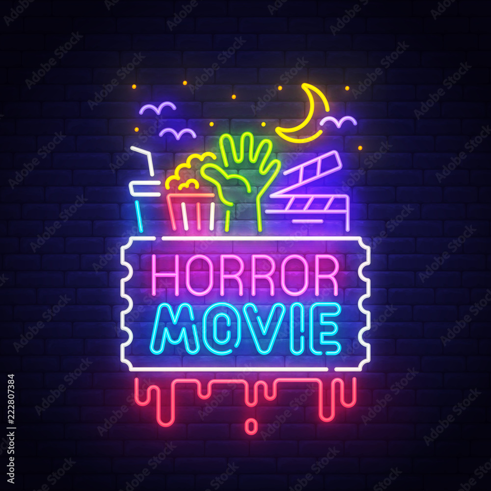 Horror Movie neon sign, bright signboard, light banner. Halloween ...