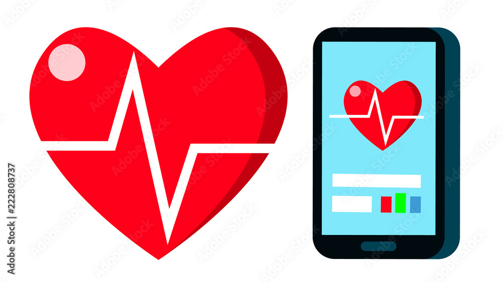 Heart Beat Rate Vector. Pulse, Cardiogram Heart Sign Chart On Mobile ...