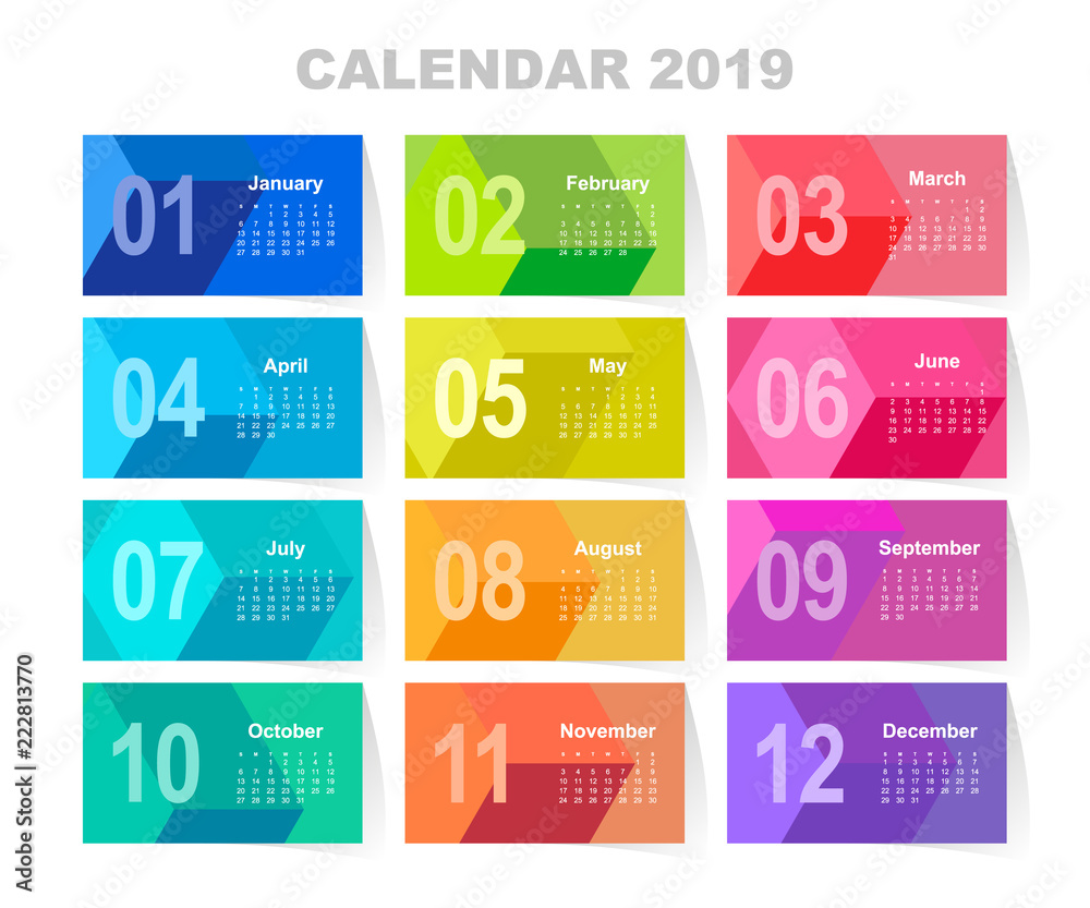 Calendar for 2019 year. Colorful vector set. Week starts on sunday ...
