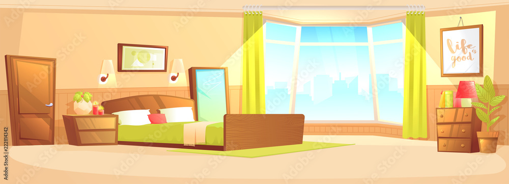 Bedroom interior modern flat with a bed, nightstand, wardrobe and ...