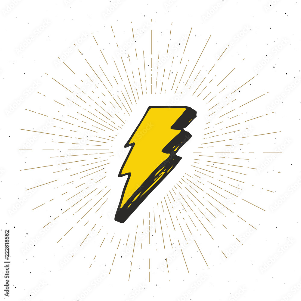 Lightning vintage label, Hand drawn sketch, grunge textured retro badge ...