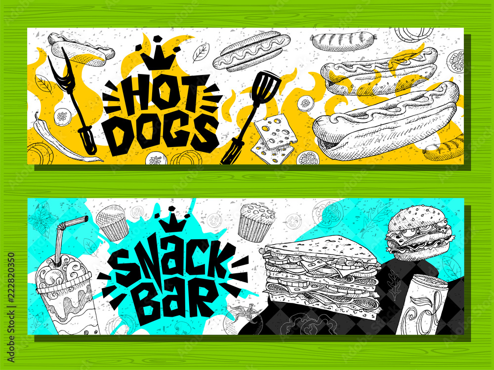 Fast food colorful modern banners set labels. Fast food. French fries ...