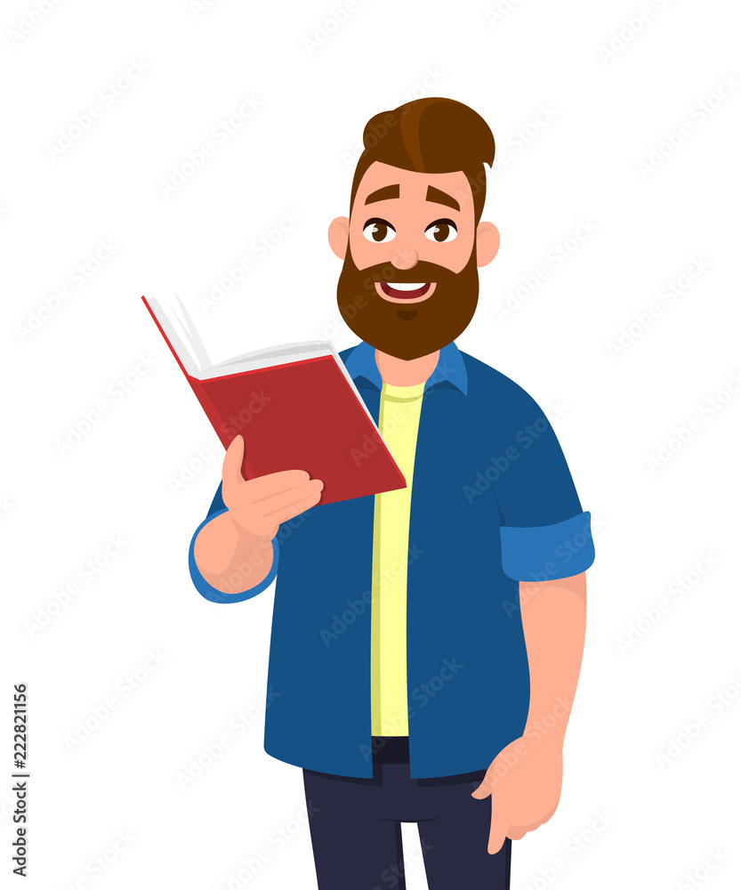 Young man holding/reading a book and smiling. Vector illustration in ...