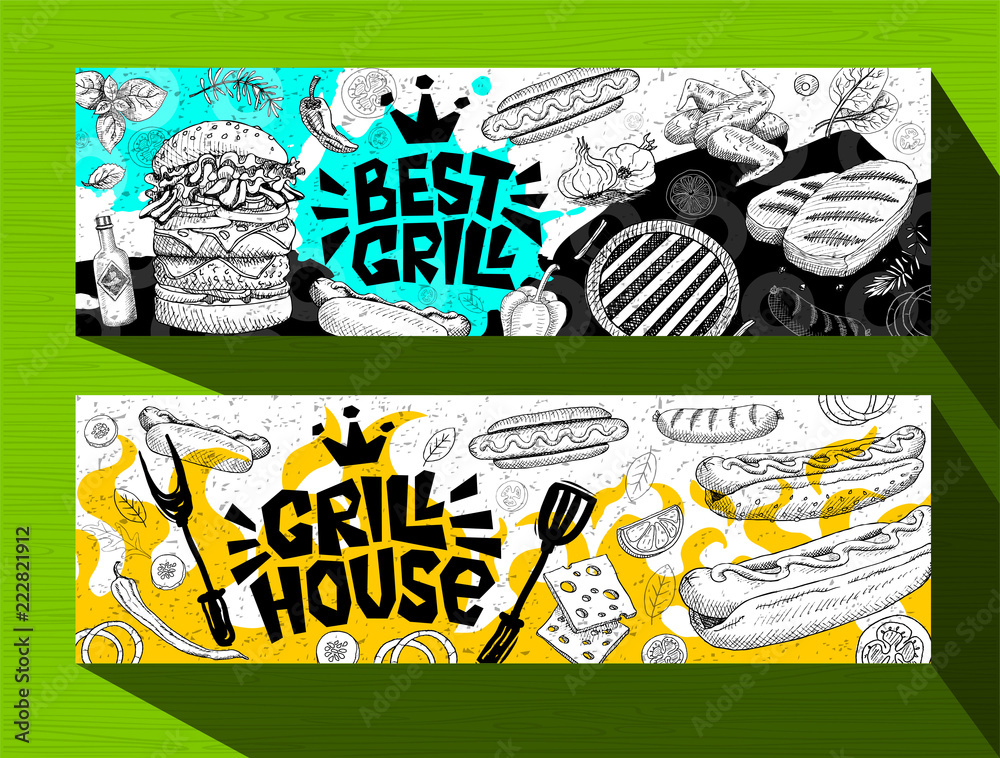 Barbecue banner posters grilled food, sausages, chicken, french fries ...