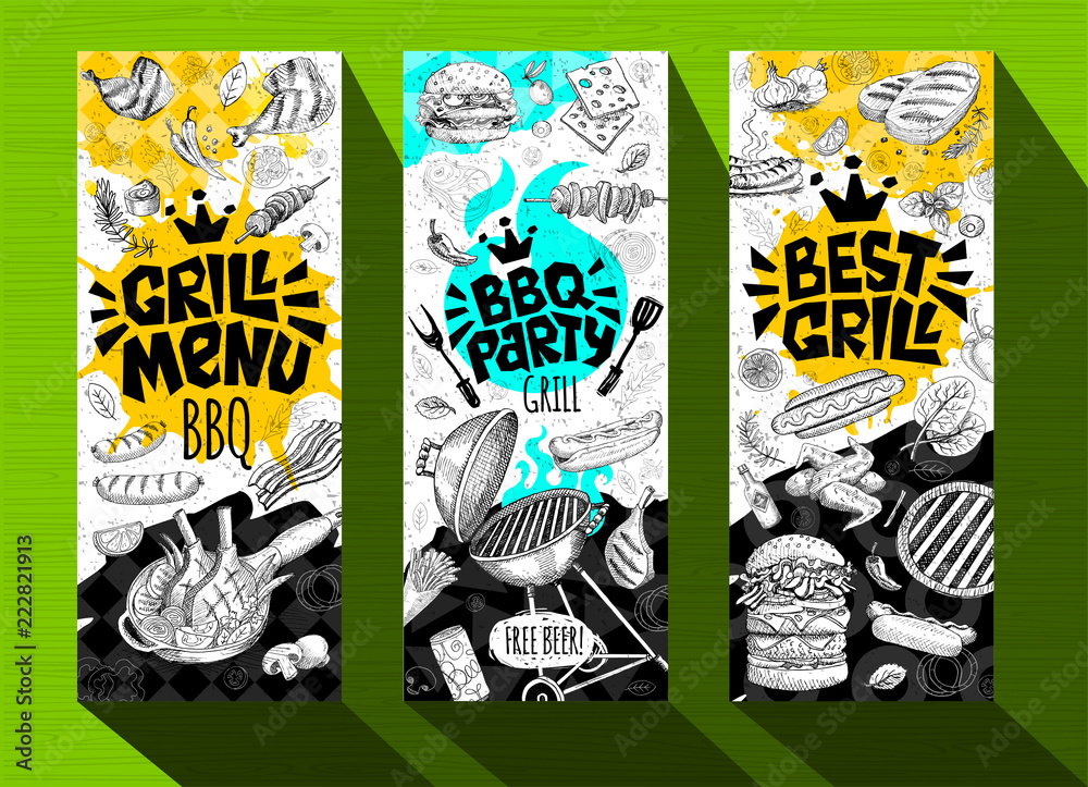 Barbecue banner posters grilled food, sausages, chicken, french fries ...