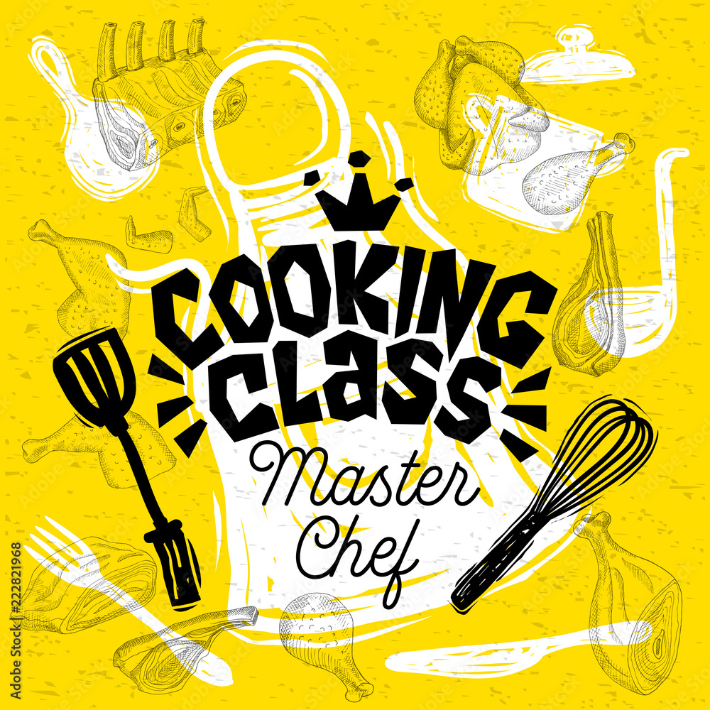Sketch style master chef cooking class lettering. Sign, logo, emblem ...