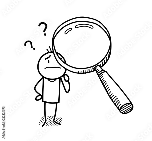 Curious stick figure doodle being observed by a magnifying glass, hand ...