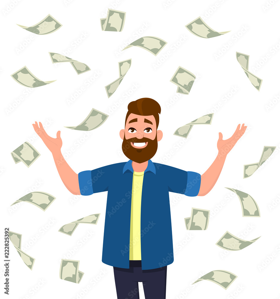 Cash/money/currency bills falling around young man. Falling money ...