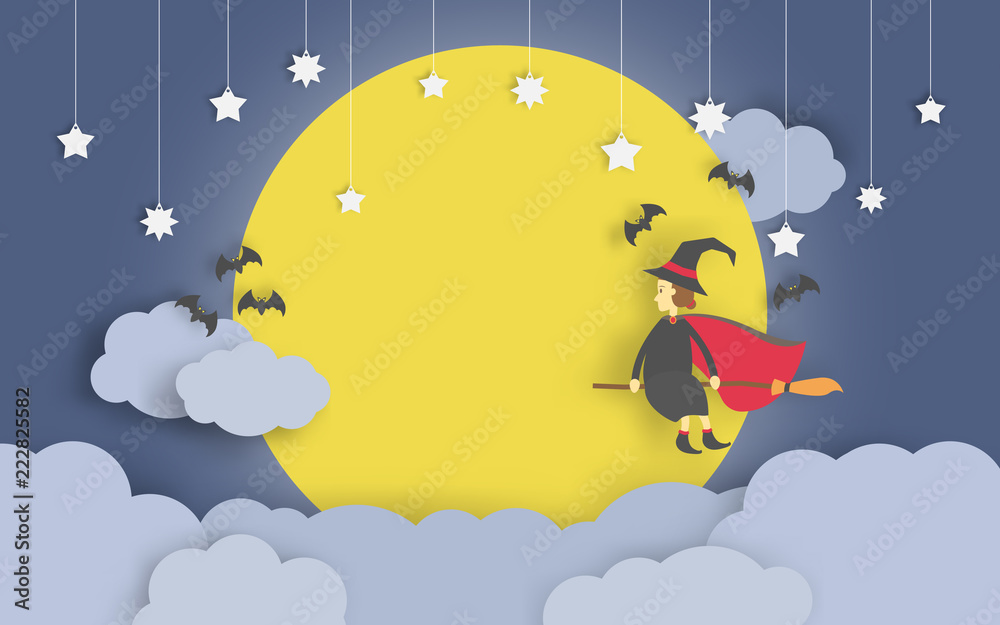 Witch flying on the broom paper art style in clear night sky and full ...