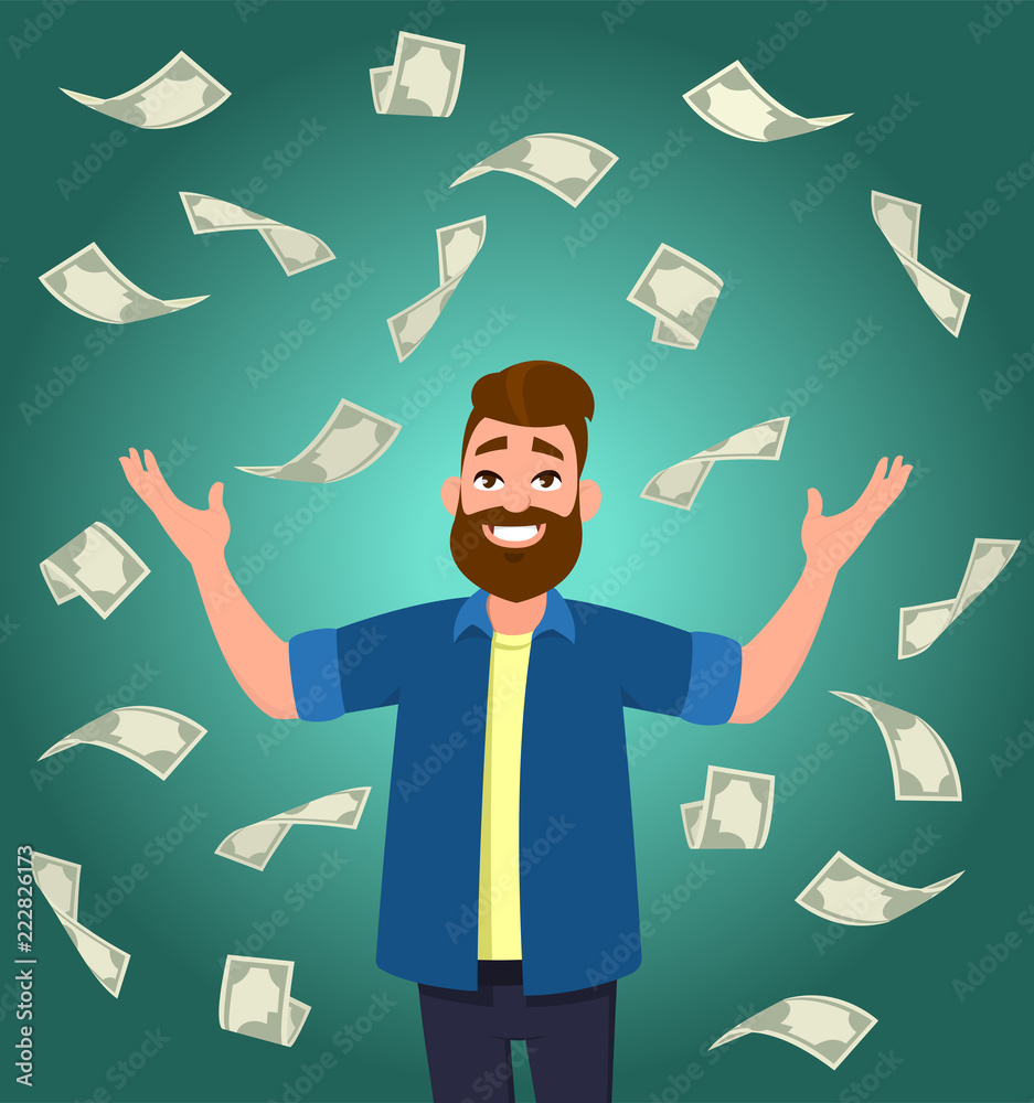 Cash/money/currency bills falling around young man. Falling money ...