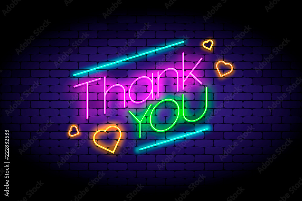 Thank you phrase and hearts on the wall in neon style. Stock Vector ...