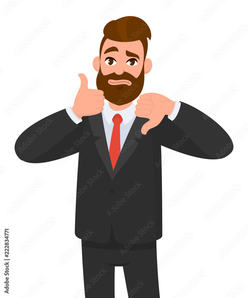 Young business man showing thumbs up and thumbs down gesture. Like and ...