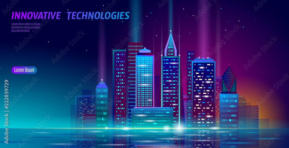 Smart city 3D neon glowing cityscape. Intelligent building automation ...