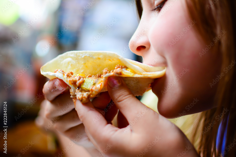 children, diet, culinary and food concept. Portrait of caucasian girl ...