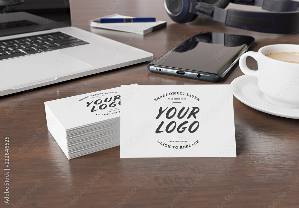 Stack of Business Cards on Wooden Desk Mockup Stock Template | Adobe Stock