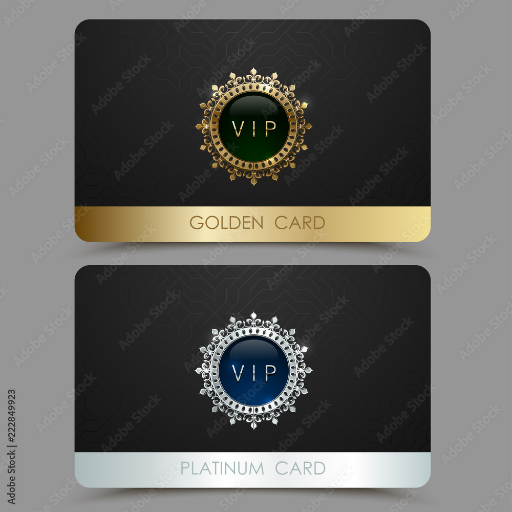 Vector golden and platinum VIP card template. Crown round frame with ...