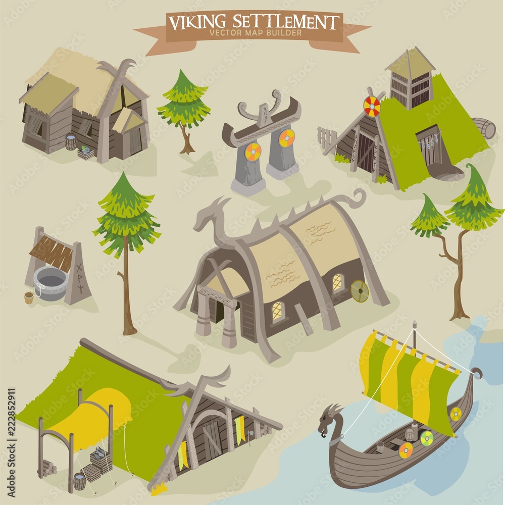 Viking settlement vector map buider isometric illustration of ...