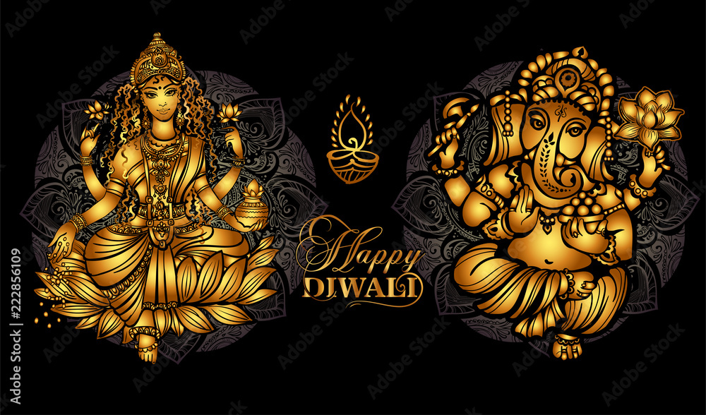Happy Diwali Lakshmi and Ganesha 素材庫向量圖 | Adobe Stock