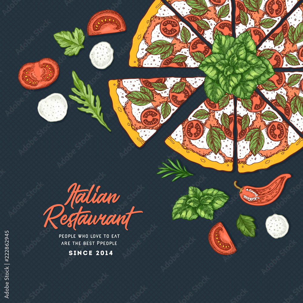 Pizza cafe design template. Pizza ingredients composition. Vector ...