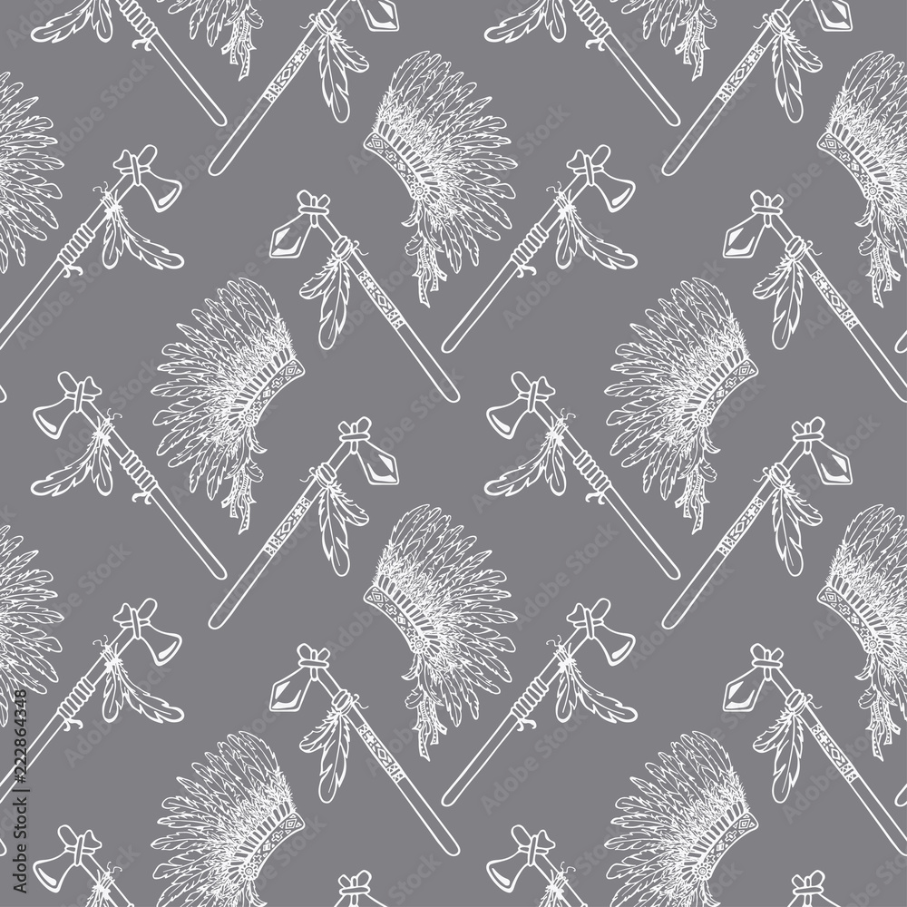 War bonnet, Tomahawk, feather birds. Ethnic seamless pattern vector ...