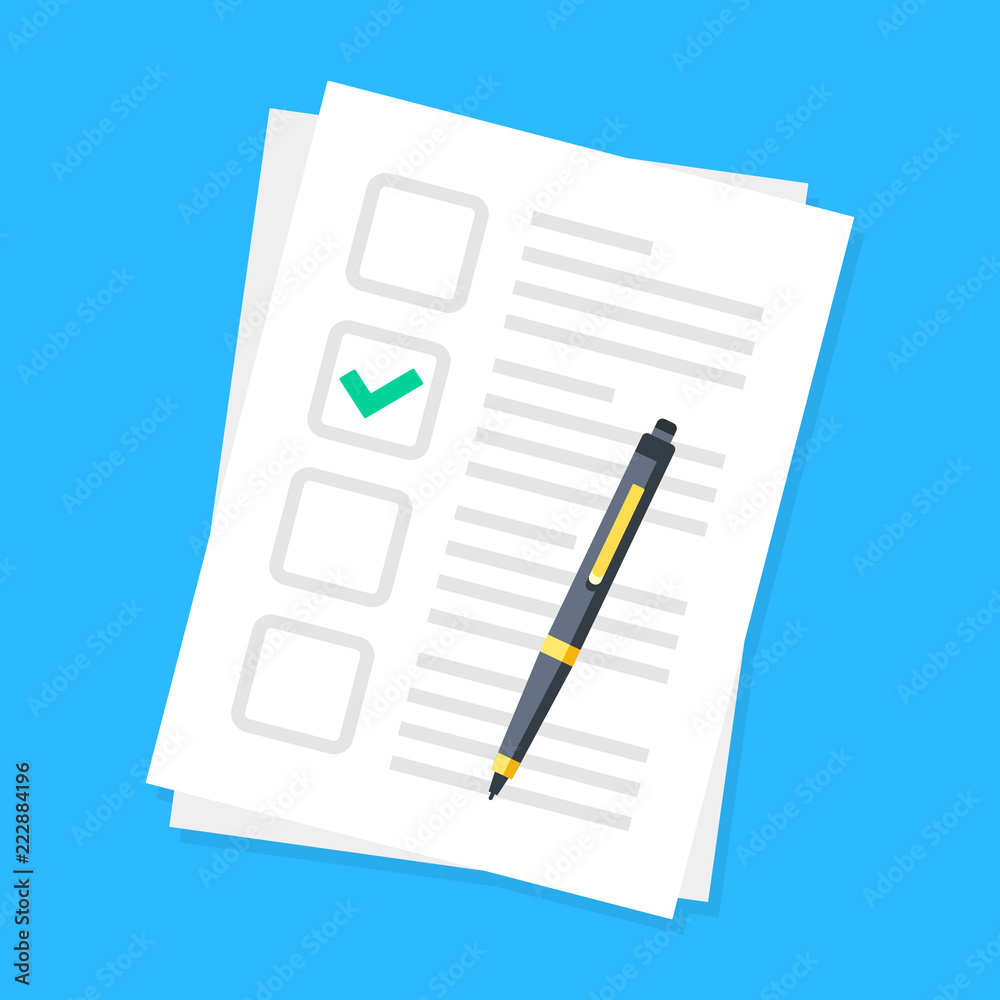 Checklist and pen. Application form, survey. Document and green check ...