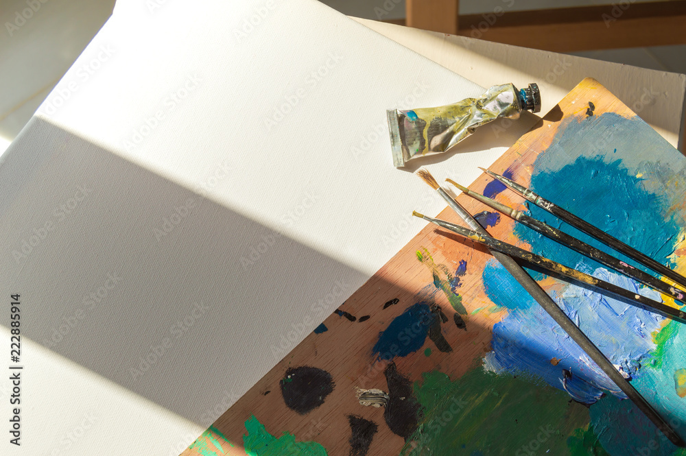 Materials to paint: blank canvas, palette full of colorful paint ...