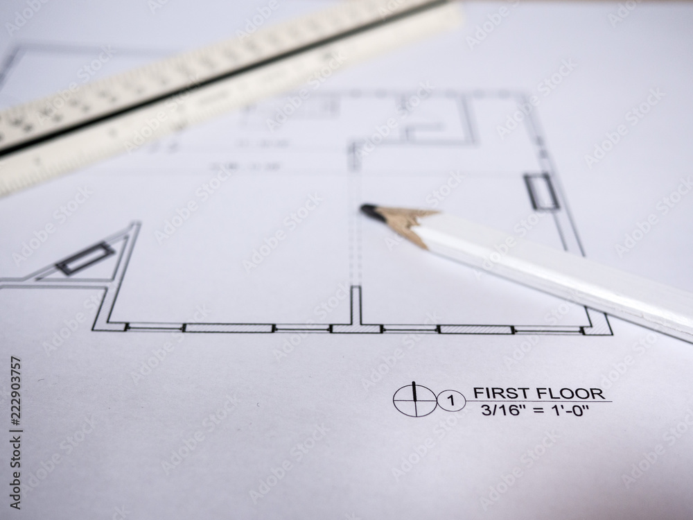 Photograph of generic architectural residential floor plan drawings ...