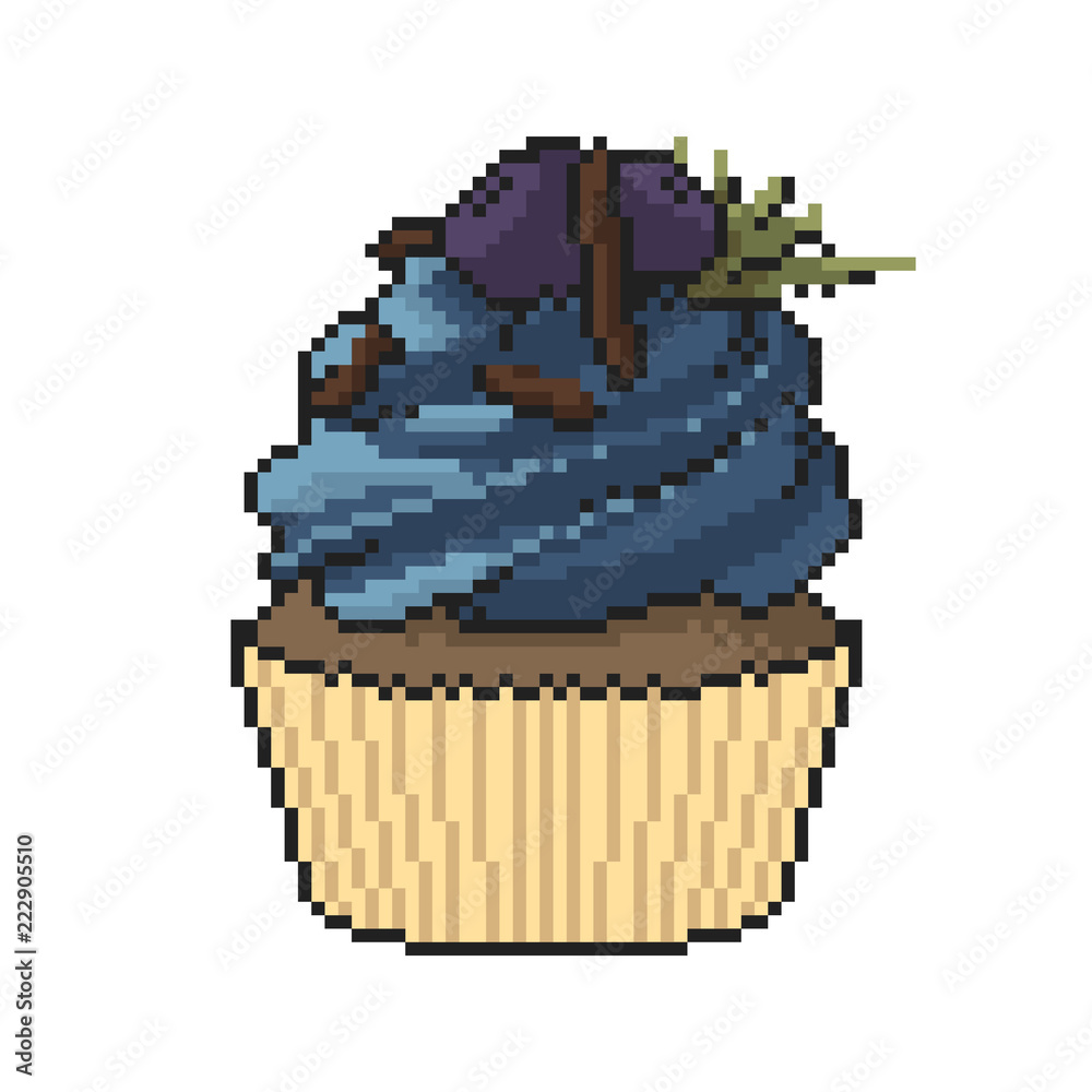 Cupcake with blue cream and blueberry pixel art on white background ...
