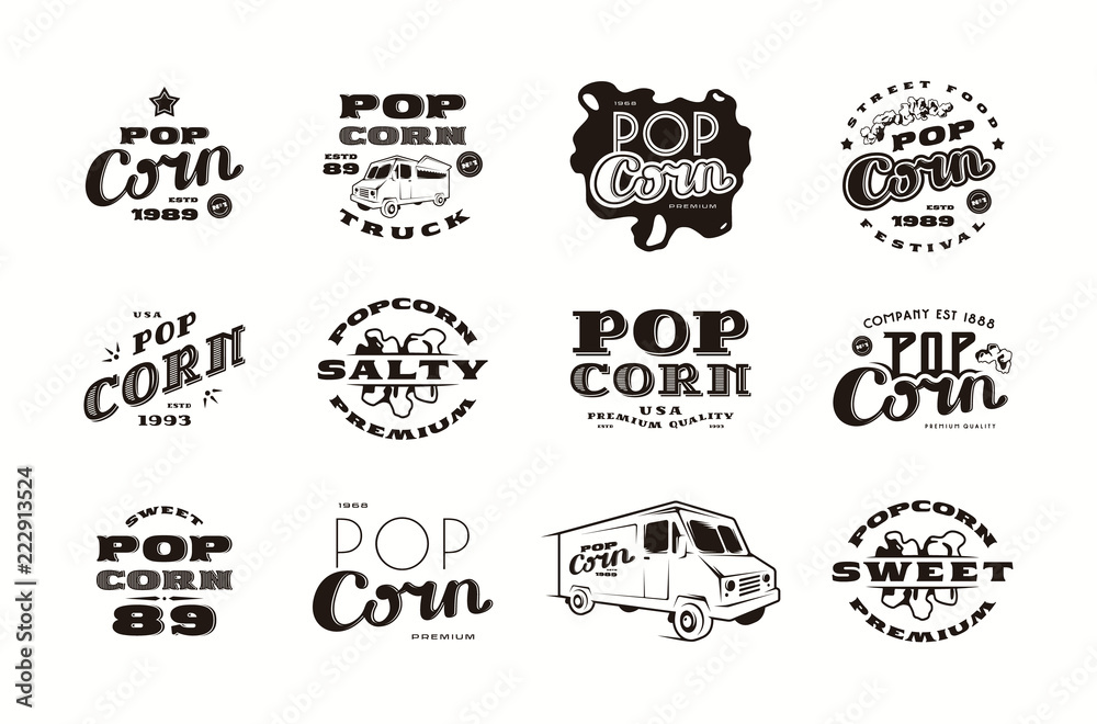 Set of emblems and logo for popcorn packaging Stock Vector | Adobe Stock