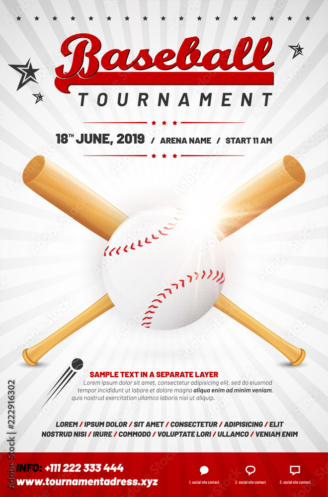 Baseball tournament poster template with ball and crossed bats Stock ...