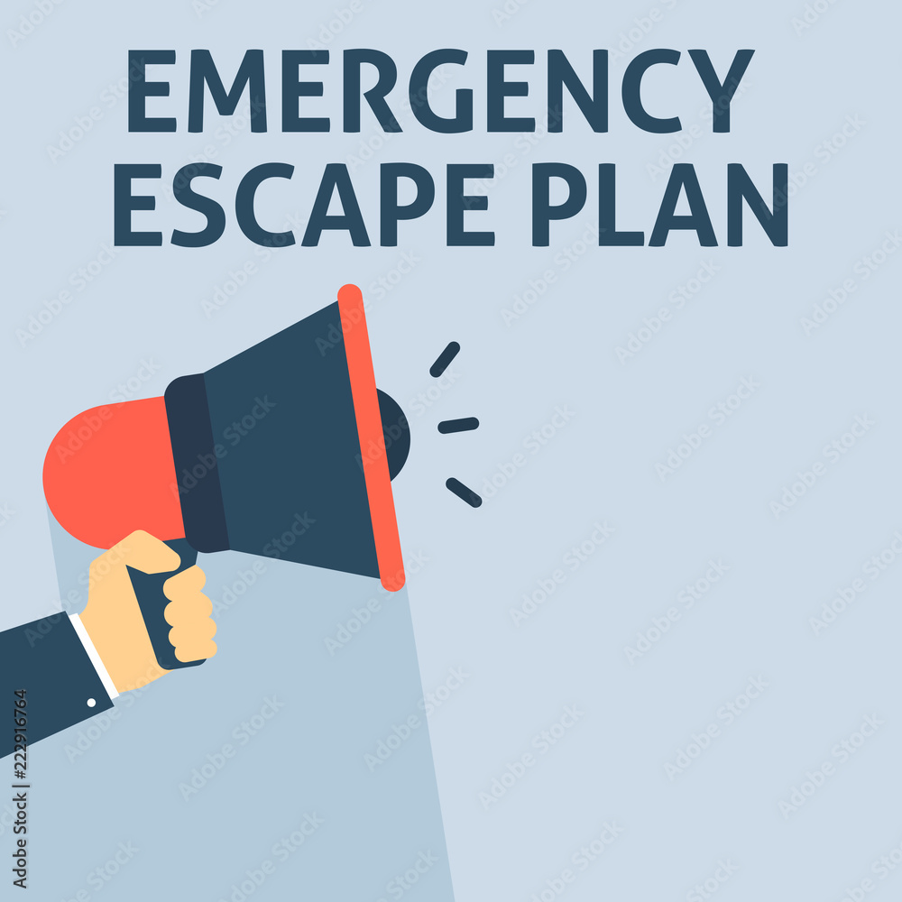 EMERGENCY ESCAPE PLAN Announcement. Hand Holding Megaphone With Speech ...