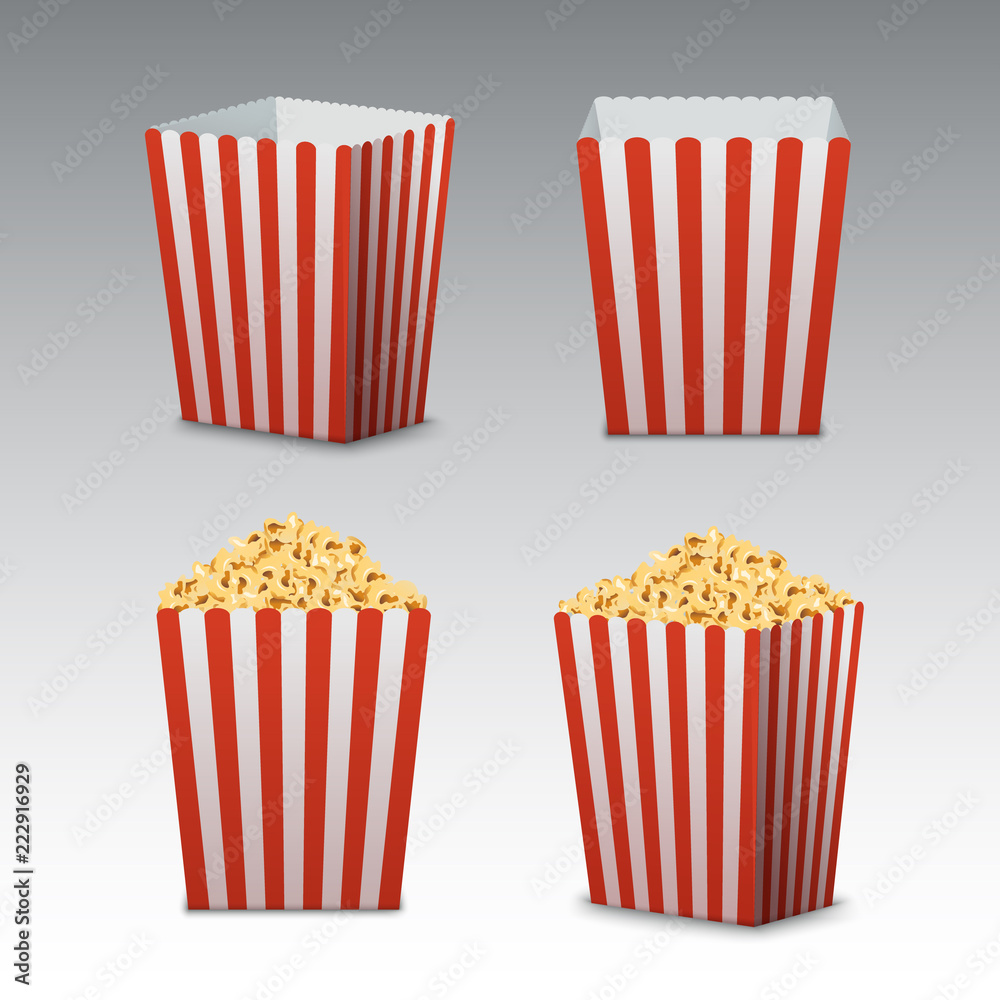 Popcorn bucket isolated. Full and empty pop corn box for cinema ...