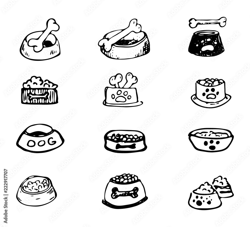 Hand Drawn vector illustration set of bowls of dog food sign and symbol ...