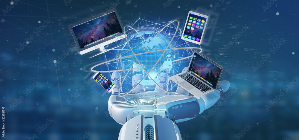 Cyborg hand holding a Computer and devices displayed on a futuristic ...