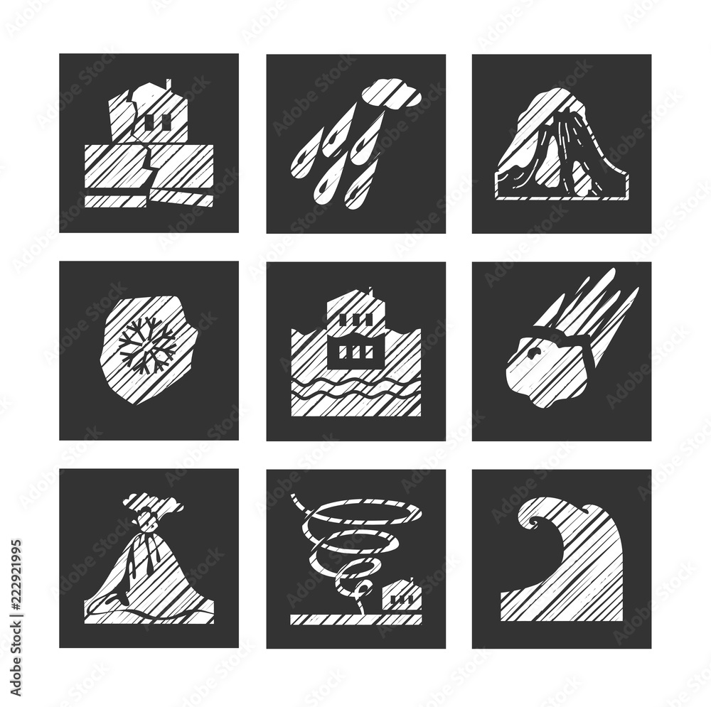 Weather, natural disasters, square icons, hatching, vector. Images of ...