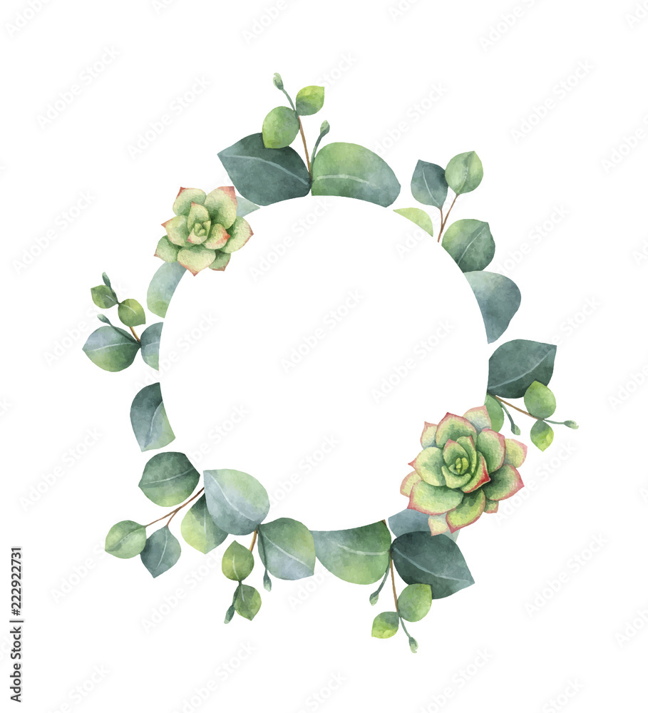 Watercolor vector frame with eucalyptus leaves and succulents. Stock ...