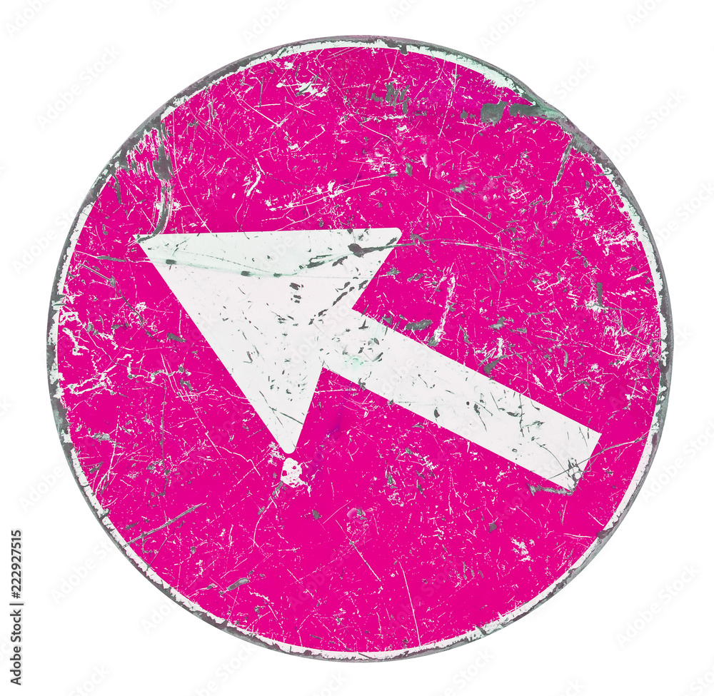 Arrow on old rusty pink road sign on white background for easy ...